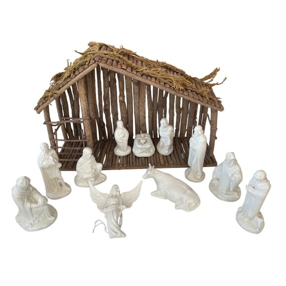 Holiday | Rustic Wood Nativity Manger Set With 11 White Glazed ...